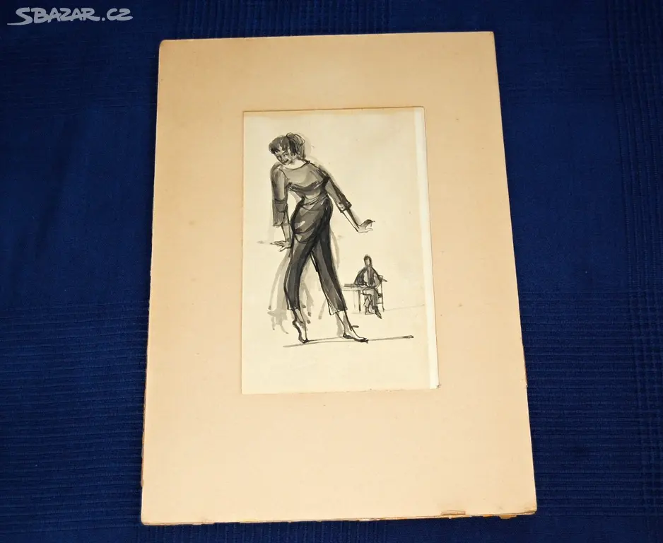 starožitný obraz postavy lavírovanou tuší - Šestajovice - Bazar - Sbazar.cz