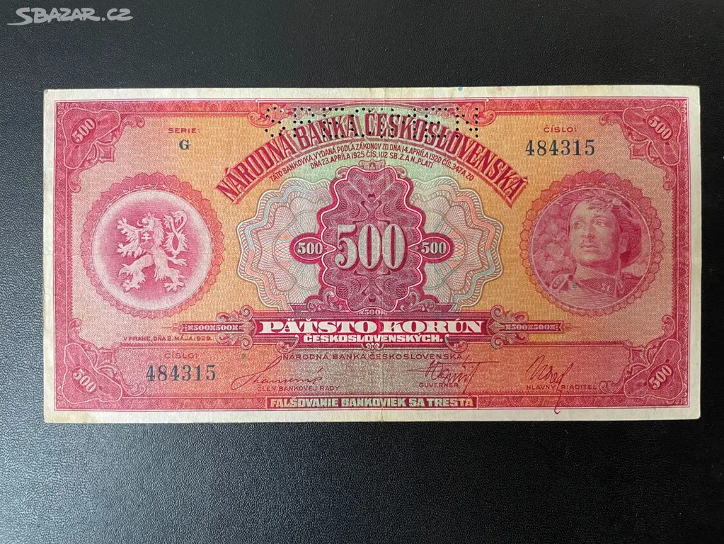 Bankovka 500 Korun, 1929 - 1. republika, SPECIMEN - Olomouc - Bazar ...