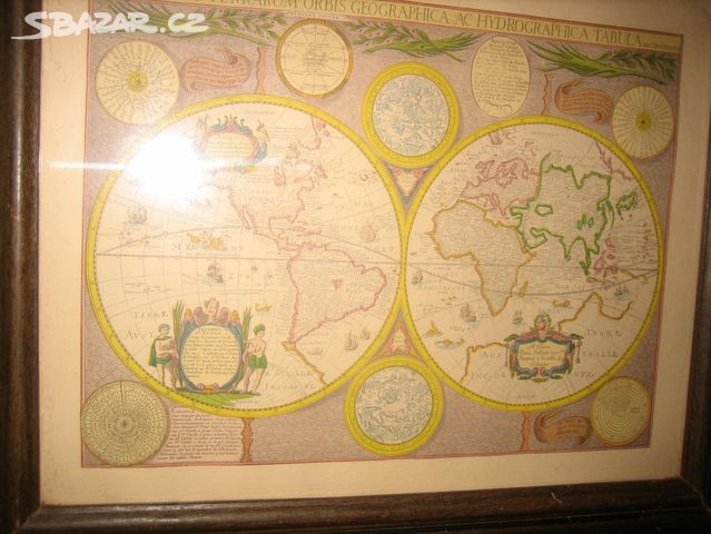 Stará (historická)mapa světa v rámu (pod sklem) - Praha 4 - Bazar ...