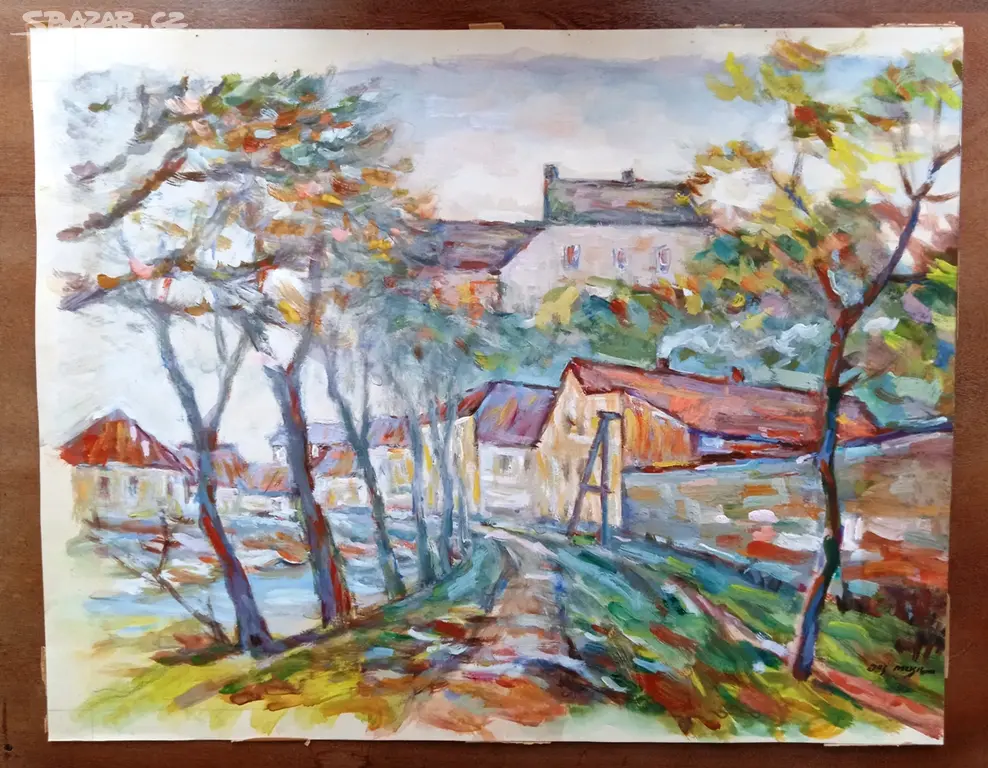 Josef Musil: Domky kolem řeky - Tempera na papíru - Kutná Hora - Bazar ...