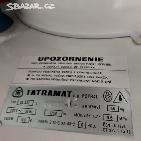Boiler Tatramat, 160 l, plně funkční - Plzeň, Bolevec - Bazar - Sbazar.cz