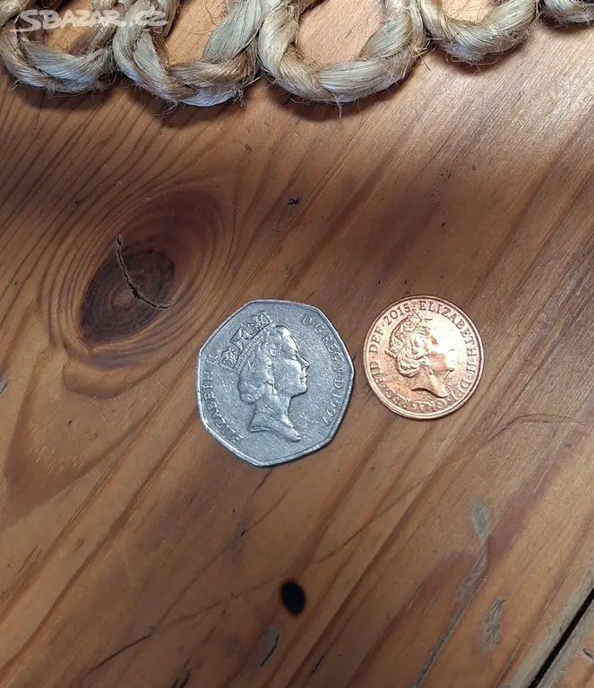 50 penci 1997 a one penny 2015 britské mince - Písek - Bazar - Sbazar.cz