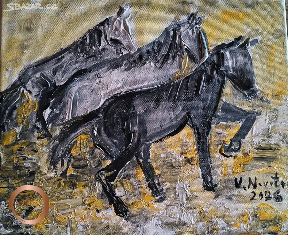 Koňská trojka. autorský obraz 25 x 30 - Trutnov - Bazar - Sbazar.cz