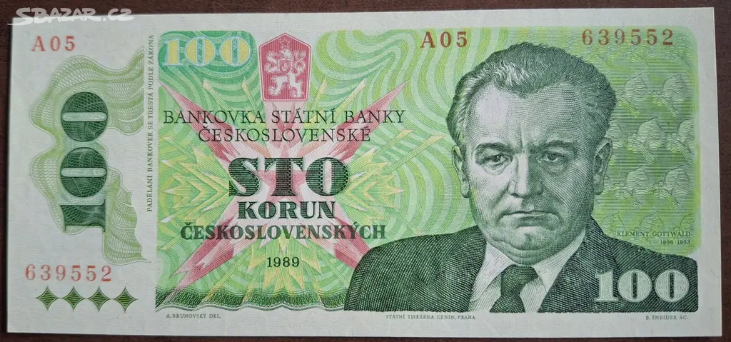 100 Kčs 1989 Gottwald, série A05, UNC - Heřmanova Huť - Bazar - Sbazar.cz