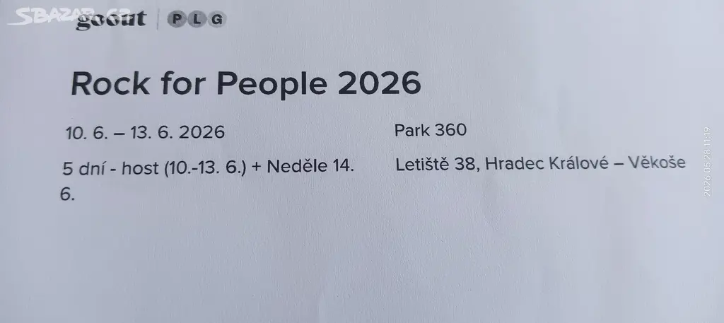 Lístek na Rock For People na 5 dní: 10-14.6 - Stará Huť - Bazar - Sbazar.cz